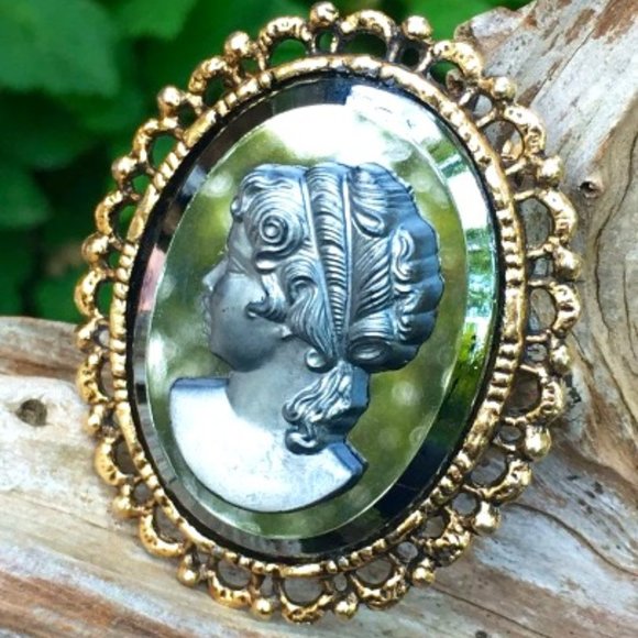 Jewelry | Elegant Signed Wac Gold Toneblack Glass Hematite Raised Cameo ...